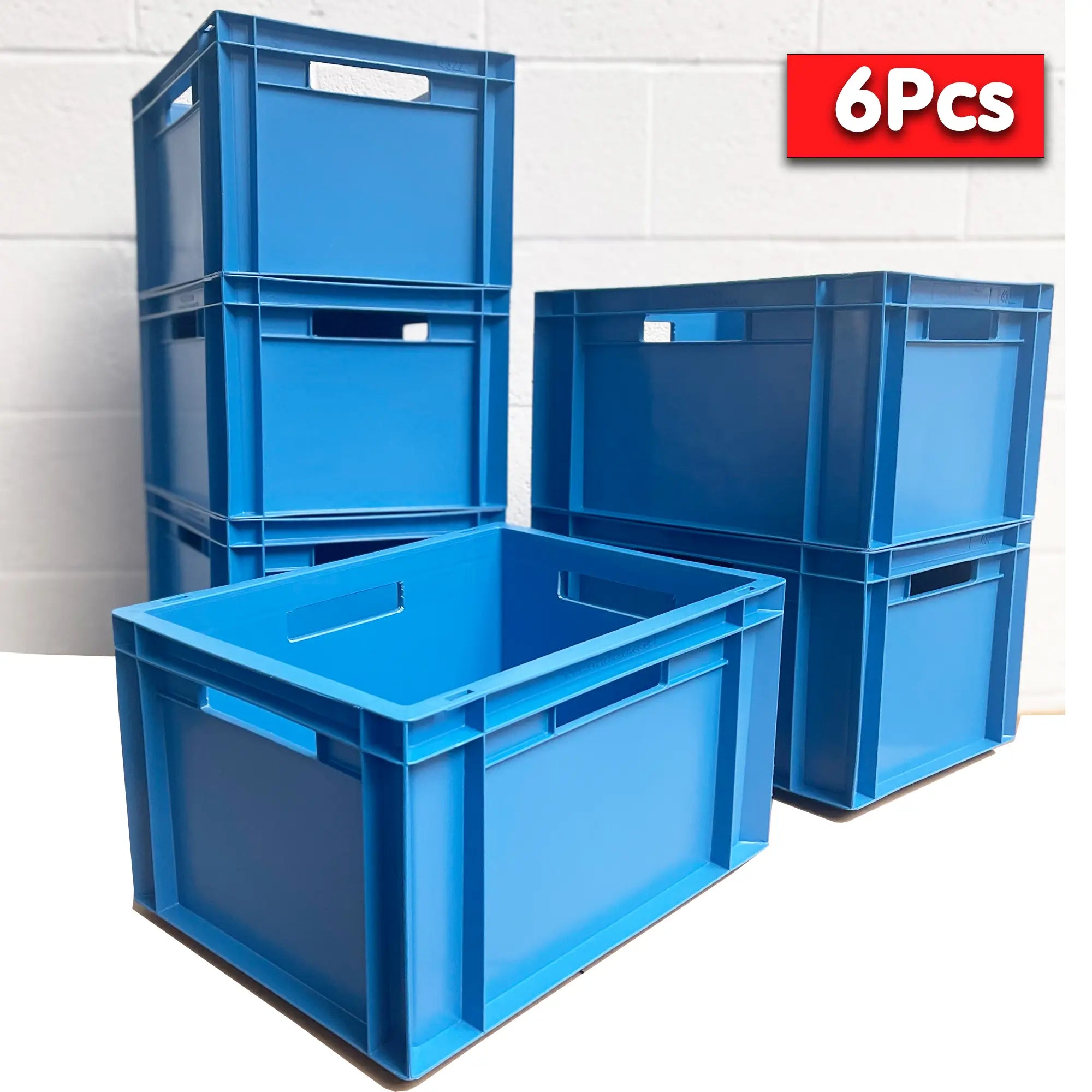 6x 20L Industrial Plastic Storage Euro Crate Box Blue (300x400x230mm)
